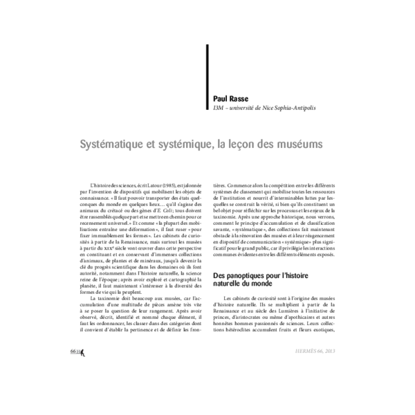 (PDF) Systématique et systémique, la leçon des muséums