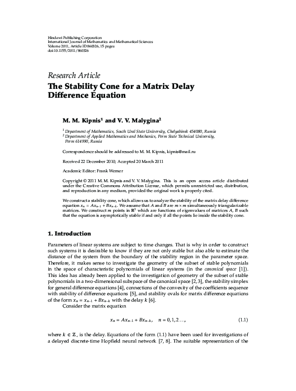 (PDF) The Stability Cone for a Matrix Delay Difference Equation