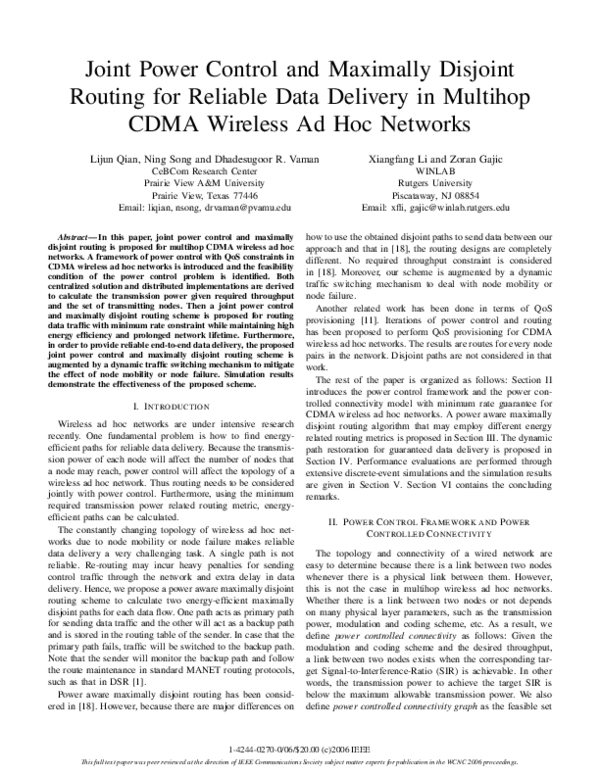 (PDF) Joint power control and maximally disjoint routing for reliable data delivery in multihop ...