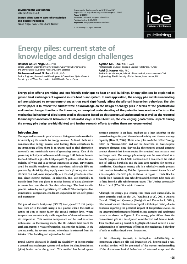 (PDF) Energy piles: current state of knowledge and design challenges