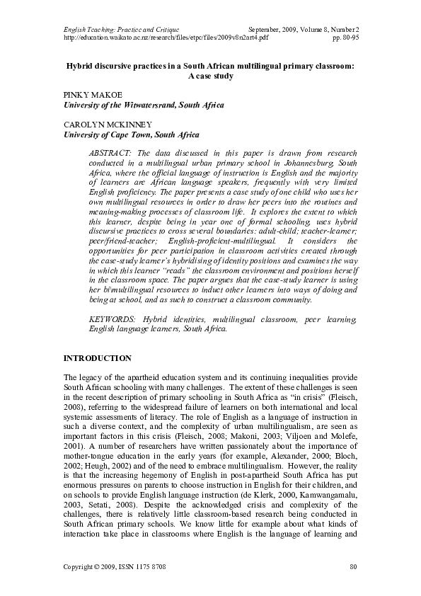 (PDF) Hybrid discursive practices in a South African multilingual primary classroom: A case study