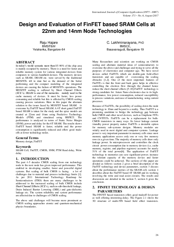 (PDF) Design and Evaluation of FinFET based SRAM Cells at 22nm and 14nm Node Technologies