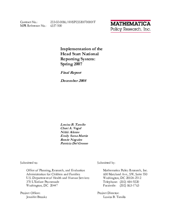 (PDF) Implementation of the Head Start National Reporting System ...