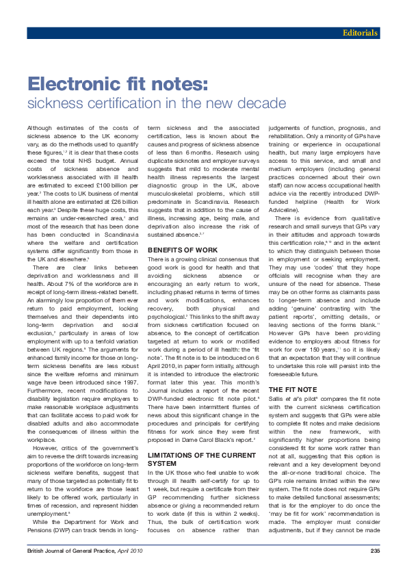 (PDF) Electronic fit notes: sickness certification in the new decade
