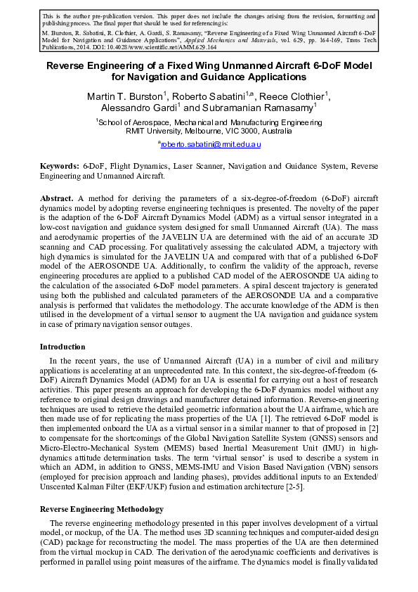 (PDF) Reverse Engineering of a Fixed Wing Unmanned Aircraft 6-DoF Model Based on Laser Scanner ...
