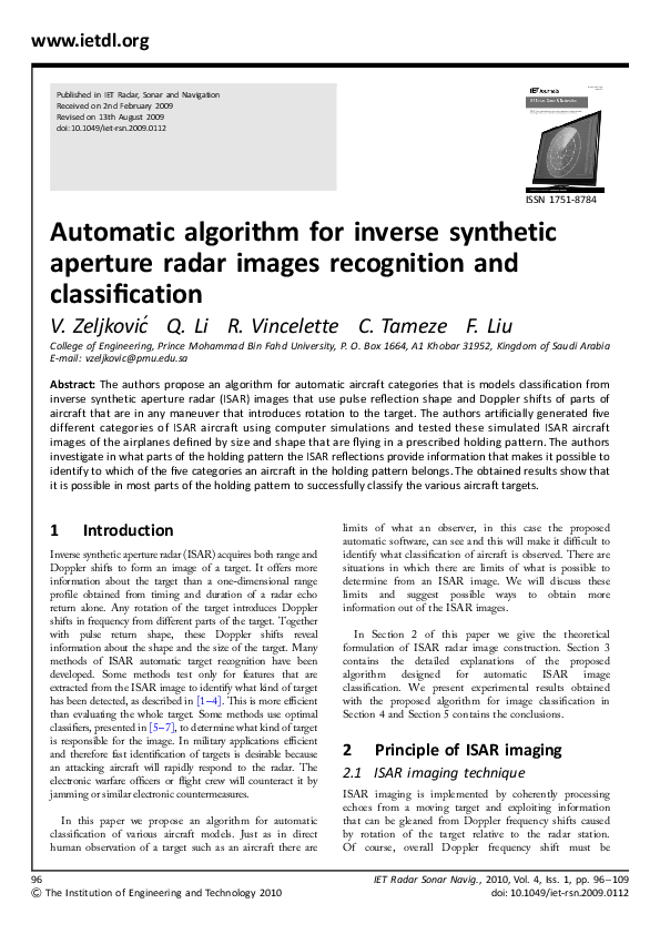 (PDF) Automatic algorithm for inverse synthetic aperture radar images ...