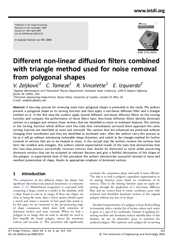 (PDF) Different non-linear diffusion filters combined with triangle method used for noise ...
