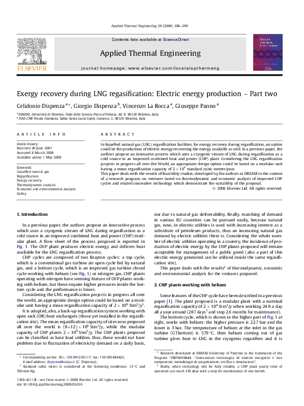 (PDF) Exergy recovery during LNG regasification: Electric energy ...