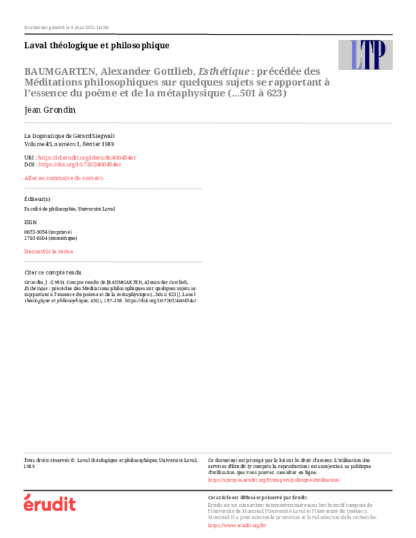 (PDF) BAUMGARTEN, Alexander Gottlieb, Esthétique : précédée des ...