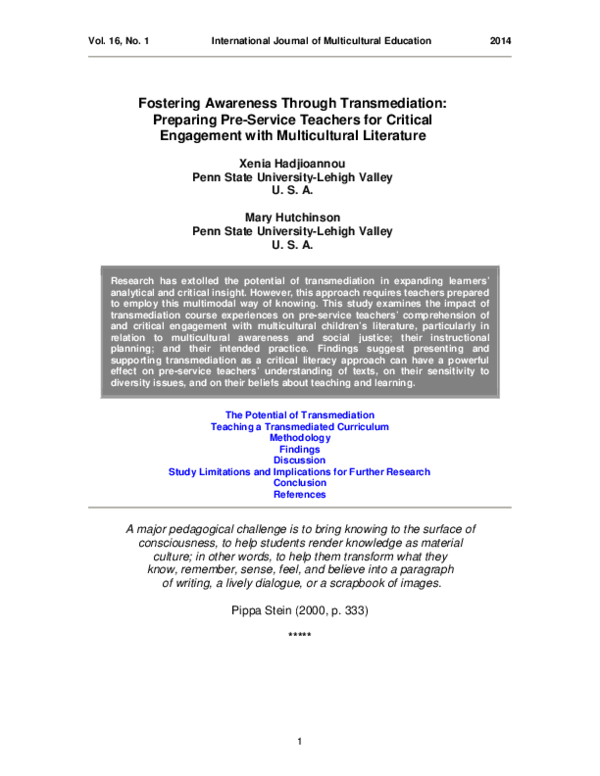 (PDF) Fostering Awareness through Transmediation: Preparing Pre-Service ...