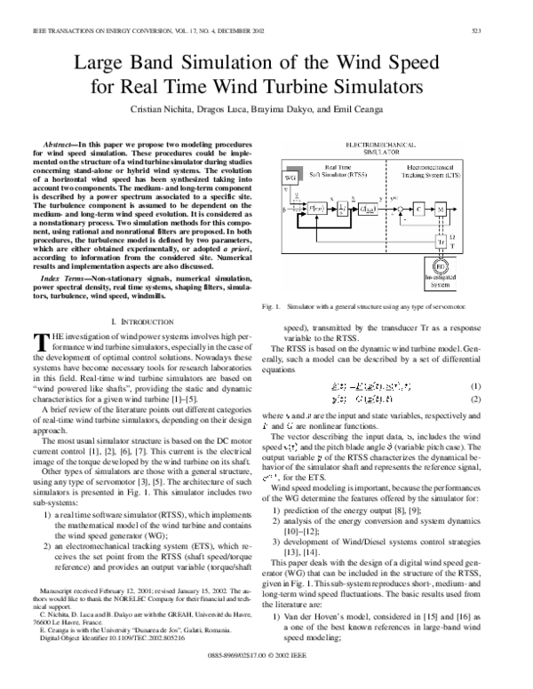 Pdf Large Band Simulation Of The Wind Speed For Real Time Wind Turbine Simulators