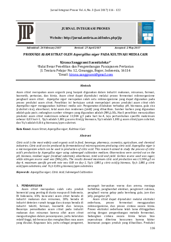 (PDF) PRODUKSI ASAM SITRAT OLEH Aspergillus niger PADA KULTIVASI MEDIA CAIR