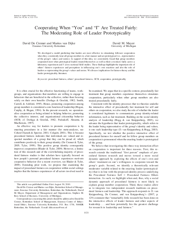 (PDF) Cooperating when “you” and “I” are treated fairly: The moderating ...