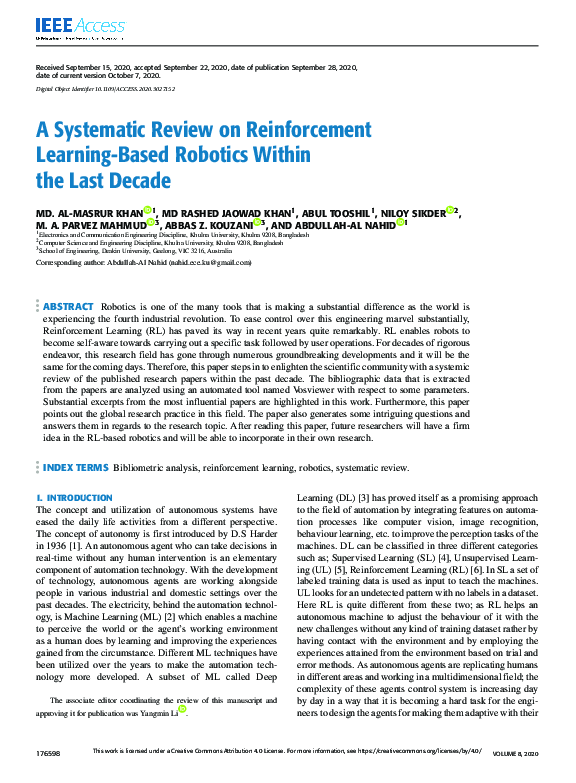 Pdf A Systematic Review On Reinforcement Learning Based Robotics Within The Last Decade