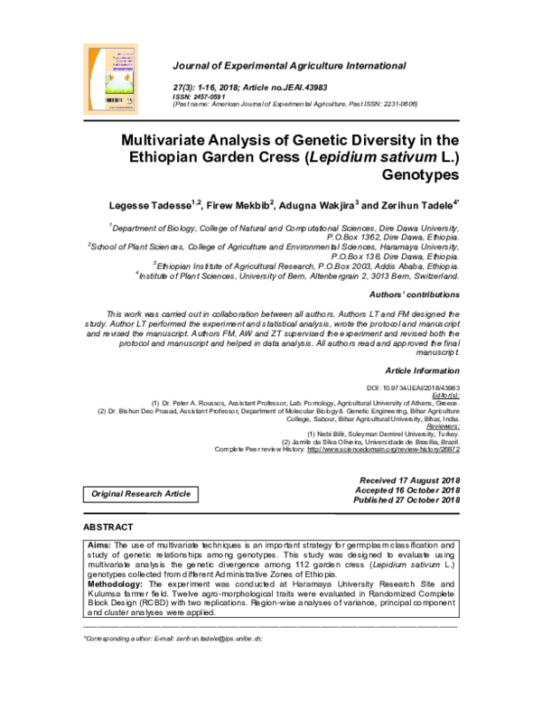 (PDF) Multivariate analysis of genetic diversity in wheat (Triticum ...
