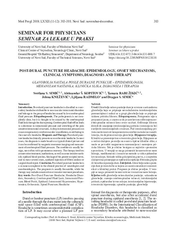 (PDF) Post-dural puncture headache: Epidemiology, onset mechanisms ...