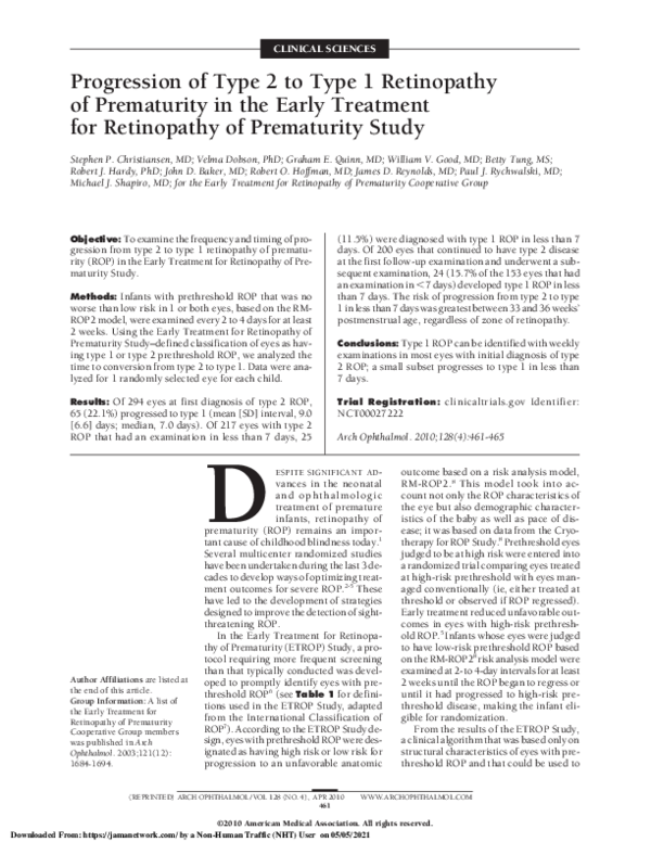 (PDF) Progression of Type 2 to Type 1 Retinopathy of Prematurity in the ...