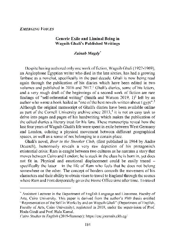 (PDF) Generic Exile and Liminal Being in Waguih Ghali’s Published Writings