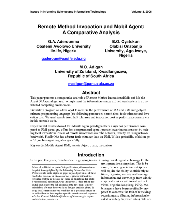 (PDF) Remote Method Invocation and Mobil Agent: A Comparative Analysis