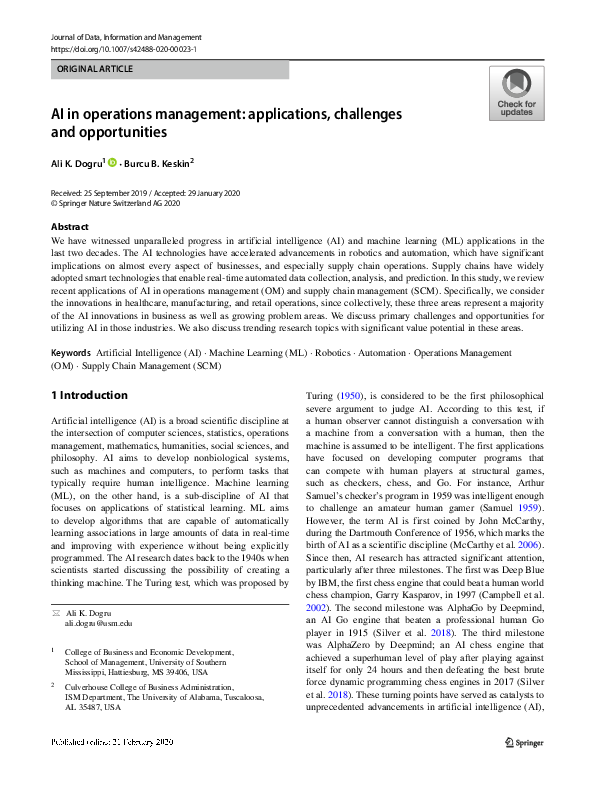 (PDF) AI in operations management: applications, challenges and ...