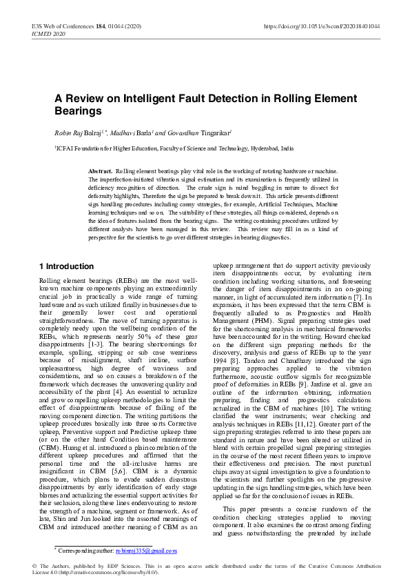 Pdf A Review On Intelligent Fault Detection In Rolling Element Bearings