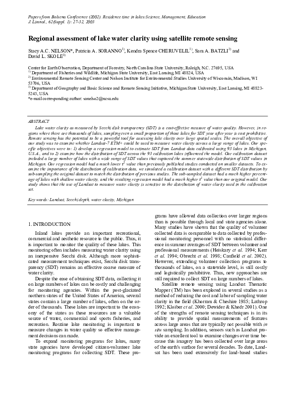 (PDF) Regional assessment of lake water clarity using satellite remote ...