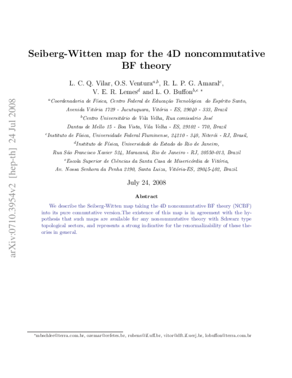 (PDF) The Seiberg–Witten map for the 4D noncommutative BF theory