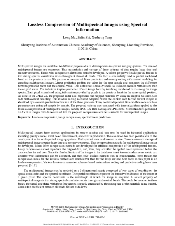 (PDF) Lossless compression of multispectral images using spectral information | Stefano Baronti ...
