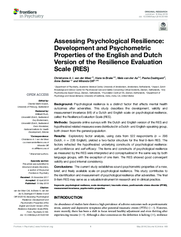 (PDF) Assessing Psychological Resilience: Development and Psychometric ...