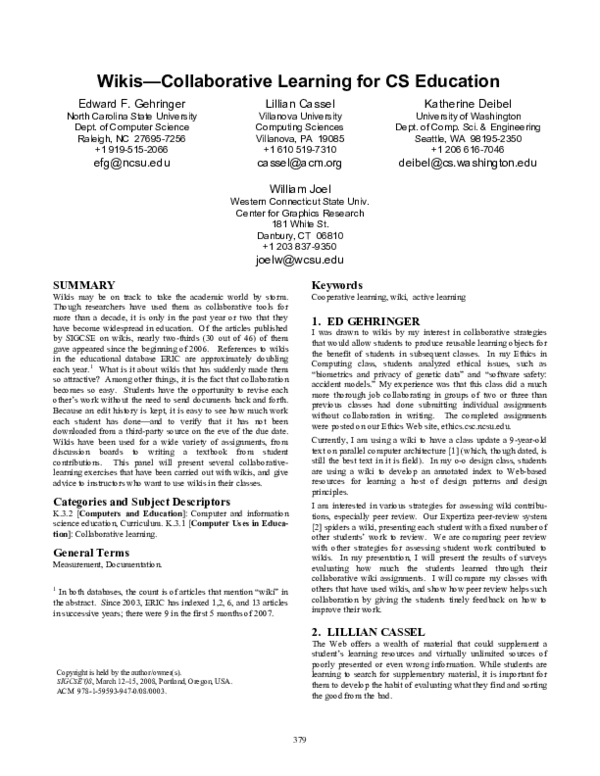 (PDF) Wikis: collaborative learning for cs education