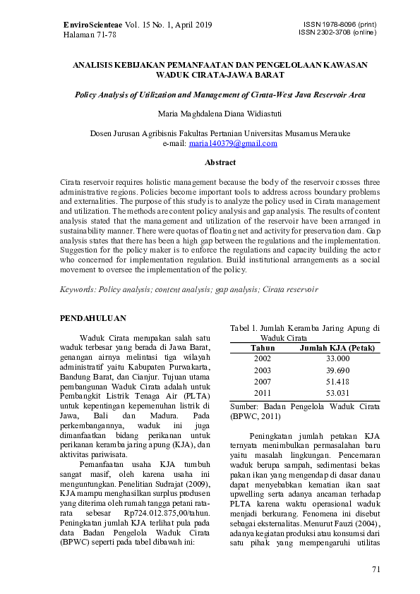 (PDF) Analisis Kebijakan Pemanfaatan Dan Pengelolaan Kawasan Waduk Cirata-Jawa Barat