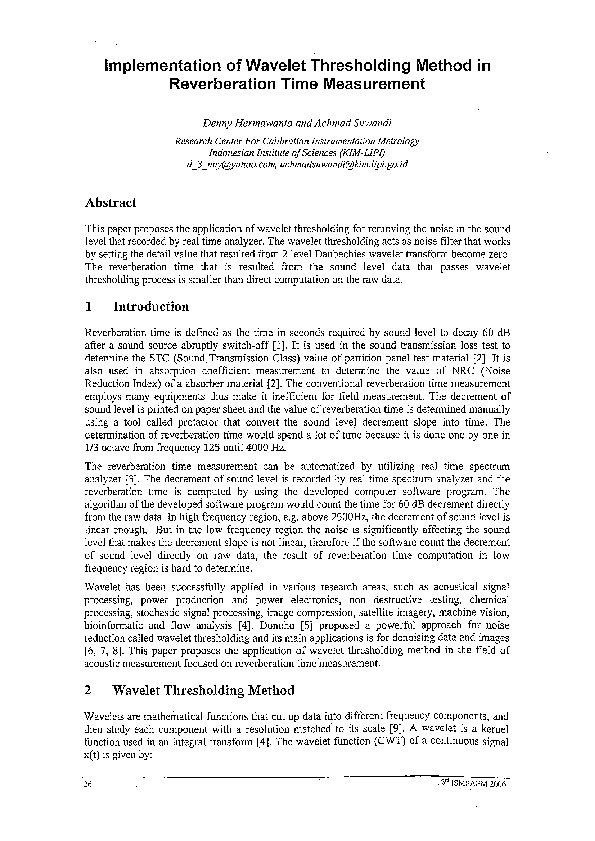 (PDF) implementation of Wavelet Thresholding Method in Reverberation Time Measurement