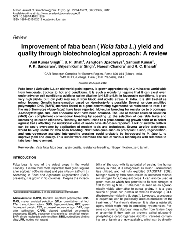 (PDF) Improvement of faba bean (Vicia faba L.) yield and quality through biotechnological ...