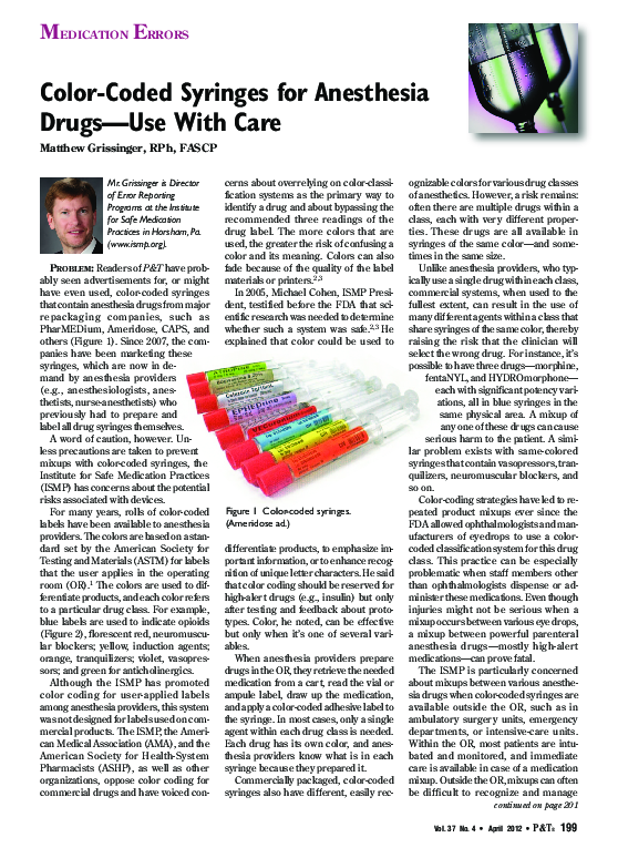 (PDF) Color-Coded Syringes for Anesthesia Drugs—Use With Care