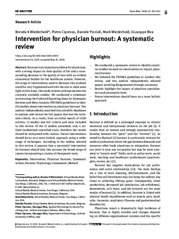 (PDF) Intervention for physician burnout: A systematic review