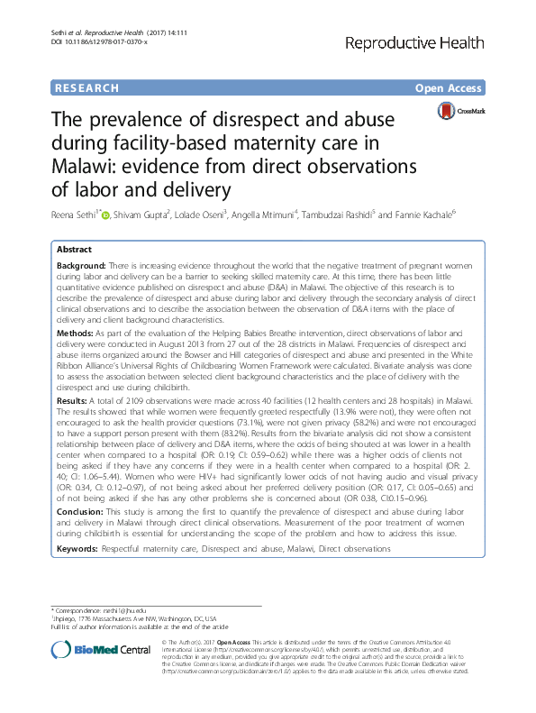 (PDF) The prevalence of disrespect and abuse during facility-based ...
