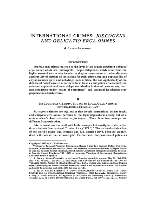 (PDF) International Crimes:" Jus Cogens" and" Obligatio Erga Omnes"