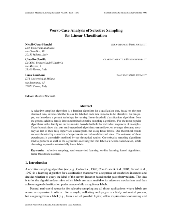 (PDF) Worst-case analysis of selective sampling for linear classification