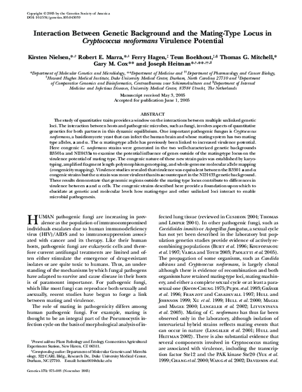 Pdf Interaction Between Genetic Background And The Mating Type Locus In Cryptococcus