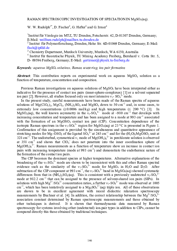 (PDF) Raman Spectroscopic Investigation of Speciation in MnSO4(aq)