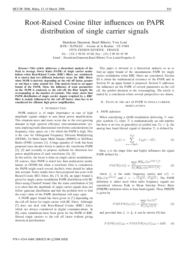 (PDF) Root-Raised Cosine filter influences on PAPR distribution of ...