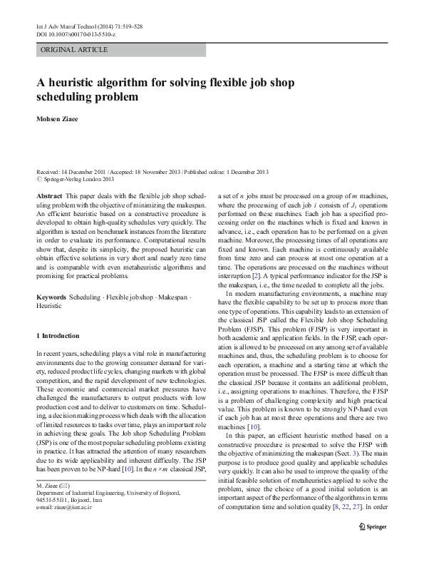 Pdf A Heuristic Algorithm For Solving Flexible Job Shop Scheduling Problem