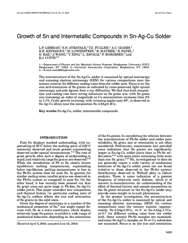 (PDF) Growth of Sn and intermetallic compounds in Sn-Ag-Cu solder