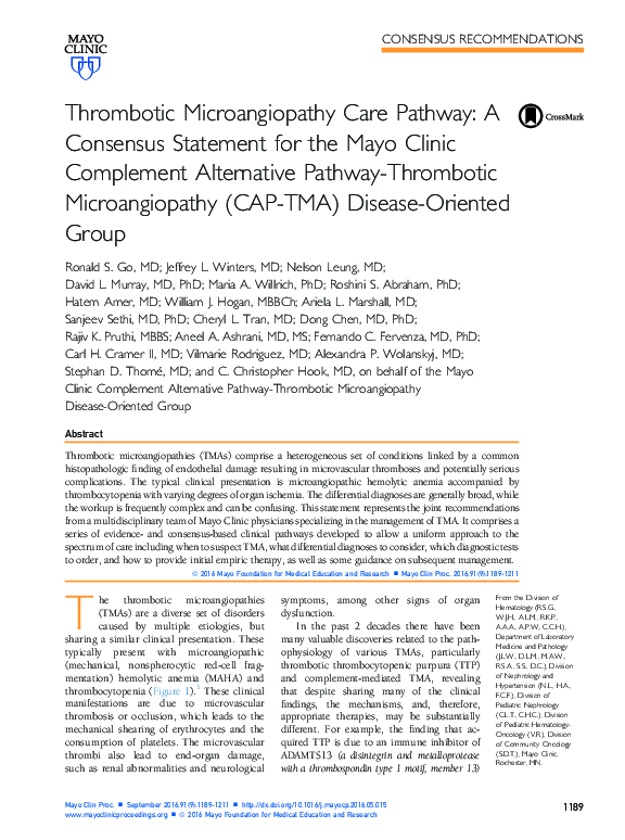 (PDF) Thrombotic Microangiopathy Care Pathway: A Consensus Statement ...
