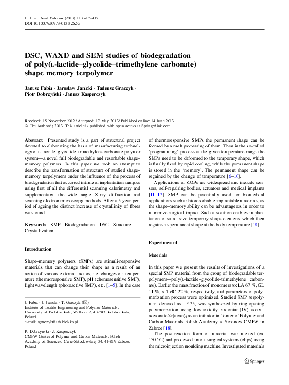 (PDF) DSC, WAXD and SEM studies of biodegradation of poly(l-lactide–glycolide–trimethylene ...