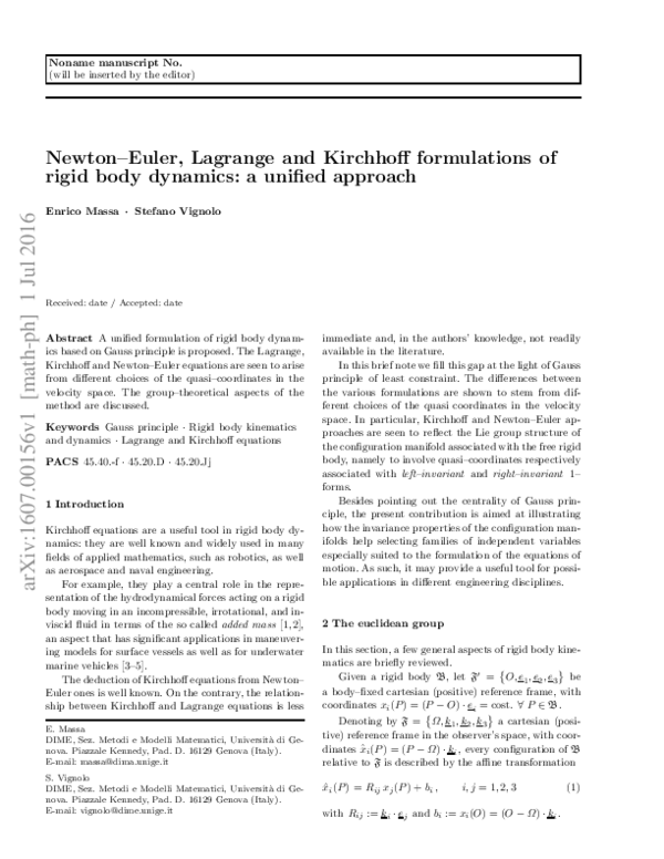 (PDF) Newton–Euler, Lagrange and Kirchhoff formulations of rigid body dynamics: a unified approach