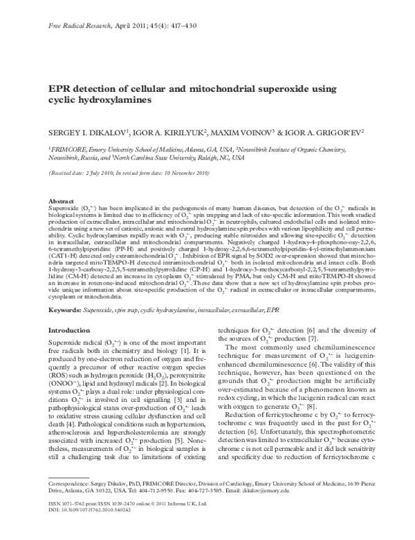 (PDF) EPR detection of cellular and mitochondrial superoxide using ...