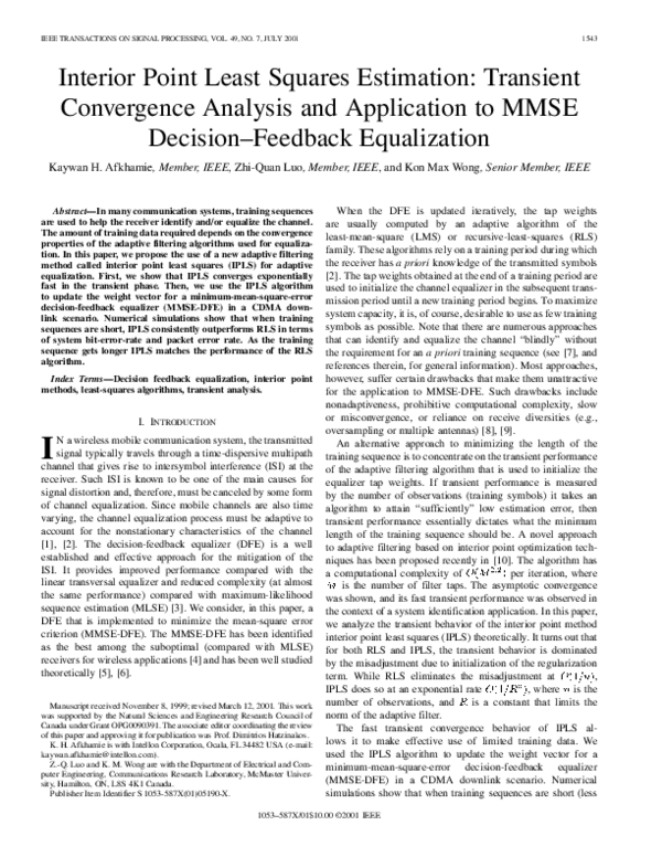 (PDF) Interior point least squares estimation: transient convergence analysis and application to ...