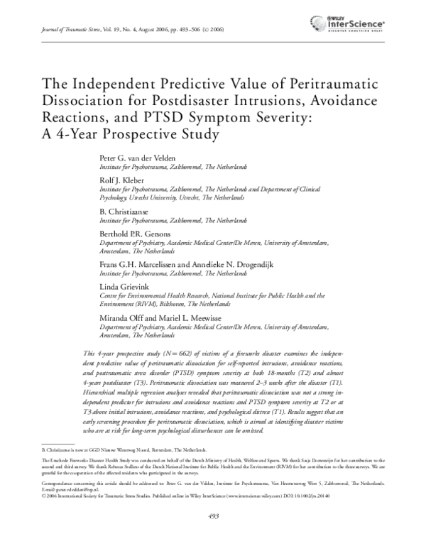 (PDF) The independent predictive value of peritraumatic dissociation ...