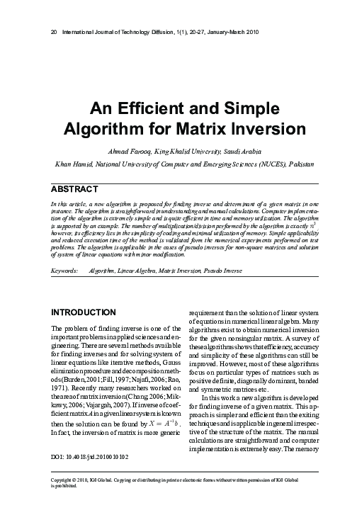 Pdf An Efficient And Simple Algorithm For Matrix Inversion